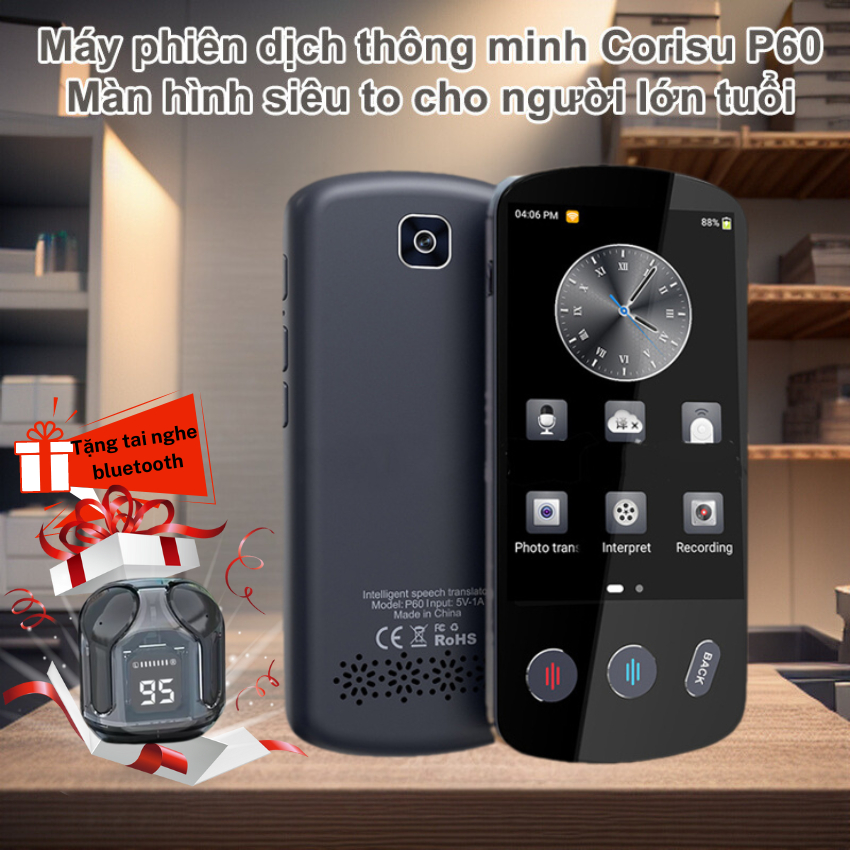 Máy phiên dịch Corisu P60 màn hình to, dịch offline 11 ngôn ngữ: Anh Việt Trung Thái Hàn Nhật ...