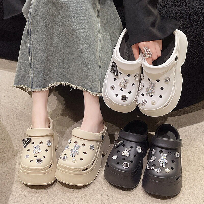 Dép cross độn đế 7cm dép sục crocs nữ gấu bít mũi tăng chiều cao, thời ...