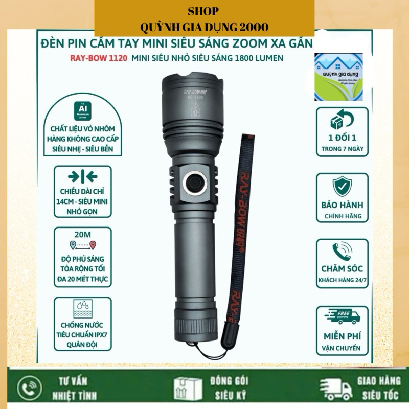 Đèn pin RAY BOW 1120 chiếu xa 400 mét có ZOOM xa gần chống nước IPX7 ...