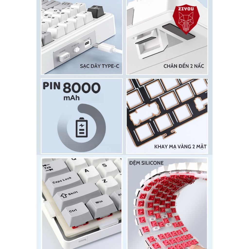 Bàn Phím Cơ Không Dây Ziyou AULA F99PRO V2 hotswap keycap xuyên LED, LED RGB, Núm Xoay, Có APP ...