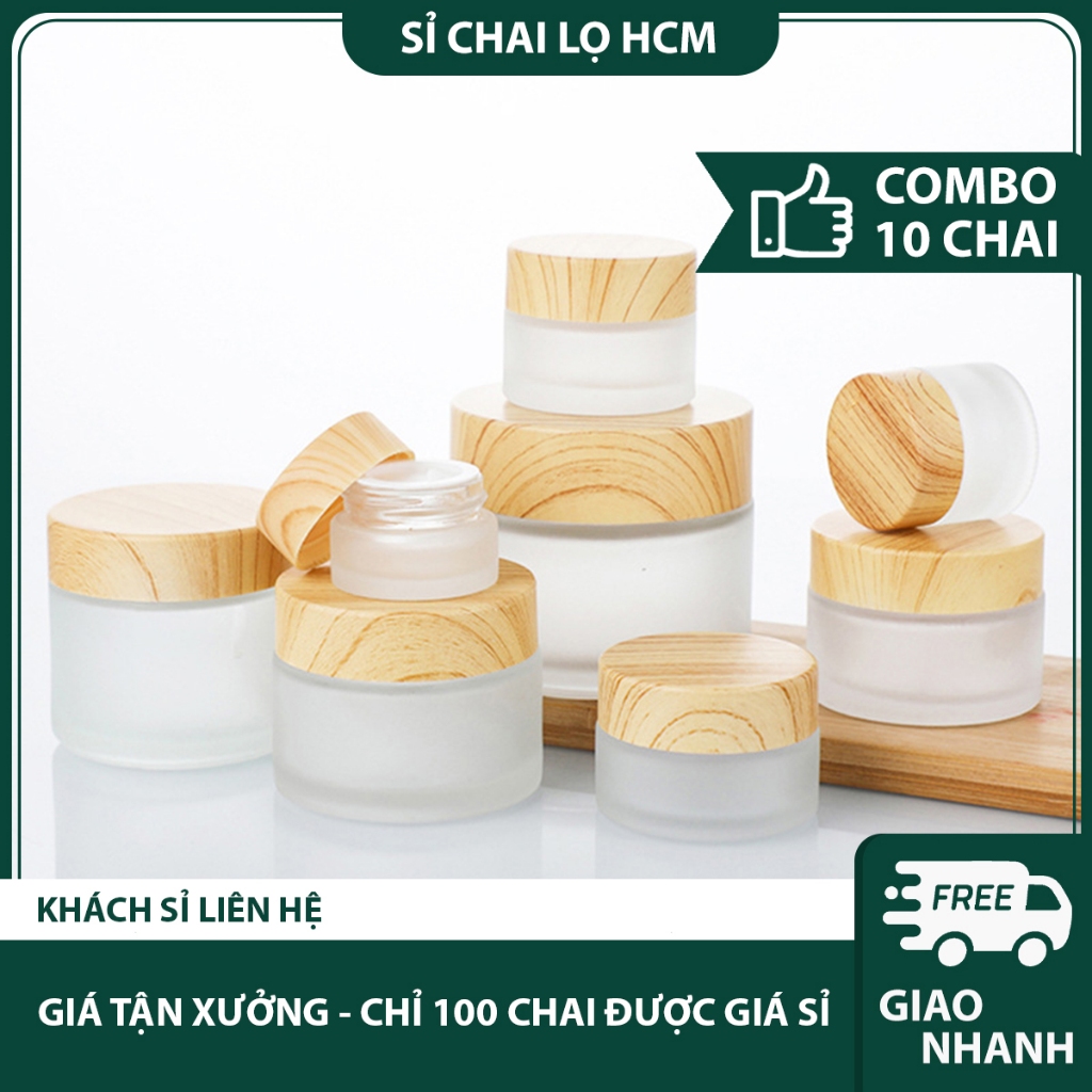 Hũ thủy tinh (combo 10) chiết mỹ phẩm 5g, 10g, 15g, 20g, 30g, 50g, 60g, hũ nắp gỗ vặn chiết kem ...
