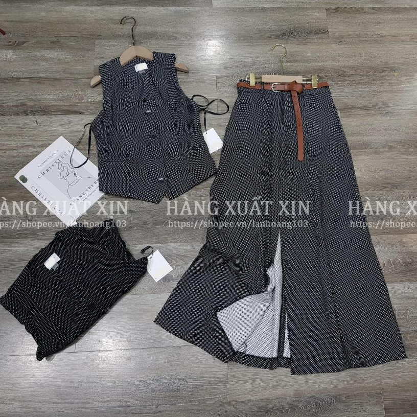 Bộ áo gile và chân váy xòe hàng xuất dư xịn vải đẹp co giãn họa tiết chấm bi | Shopee Việt Nam