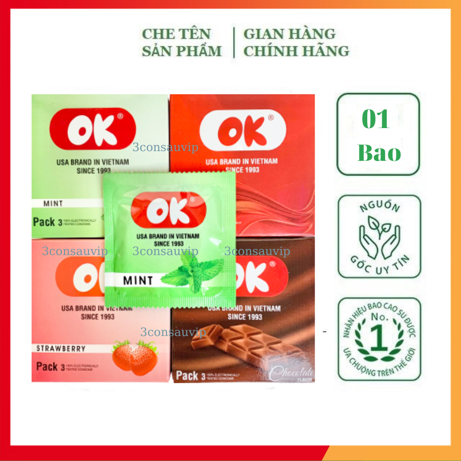 Bao cao su Ok, bao cao su siêu mỏng, size nhỏ mùi hương dâu, bạc hà ...