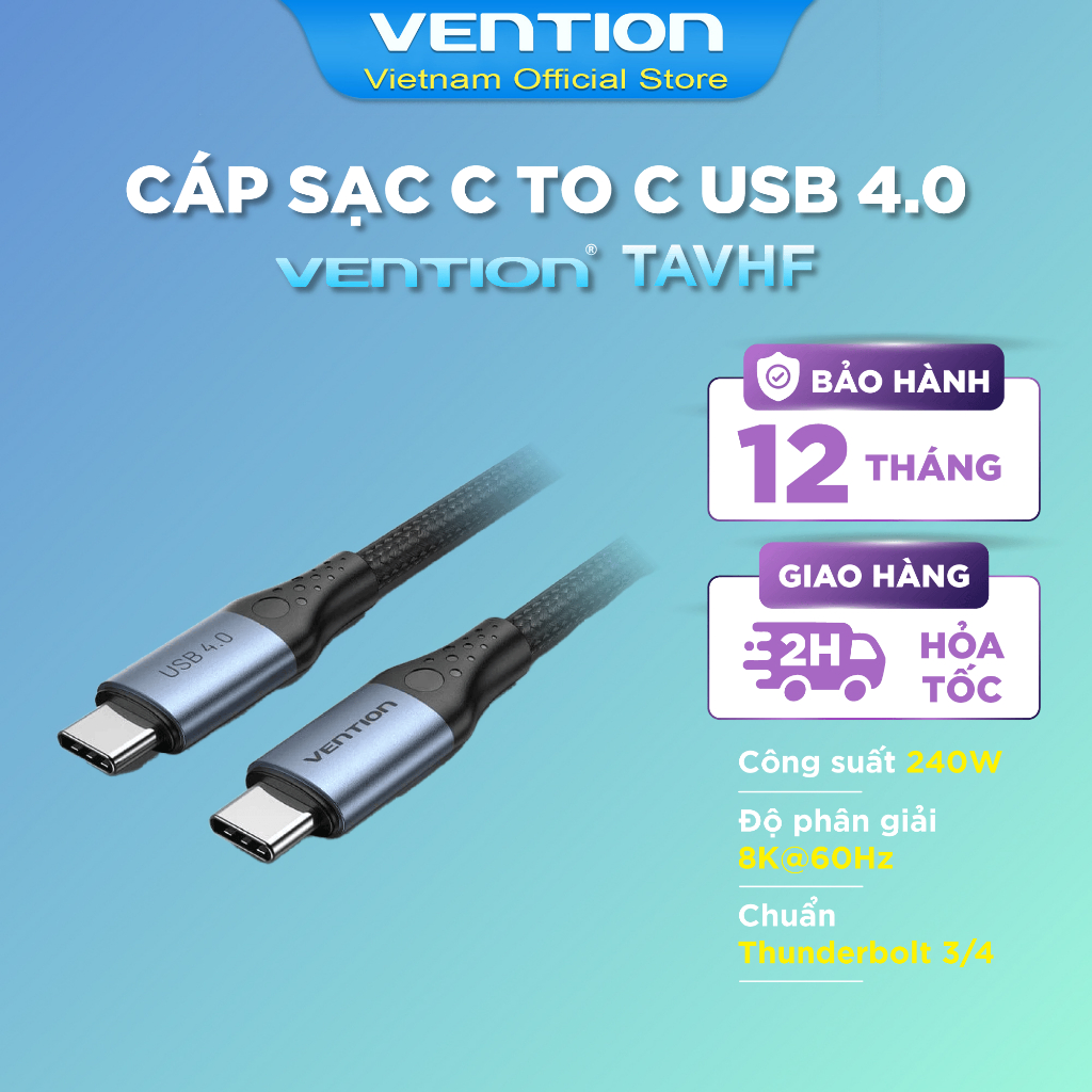 Cáp Sạc Nhanh VENTION USB 4.0 C to C TAVHF (5A, 240W, Thunderbolt 3/4 ...