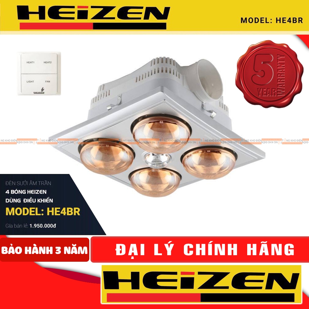 Đèn sưởi nhà tắm Heizen 4 Bóng Âm Trần Hồng Ngoại HE4BR/HE9, có điều ...