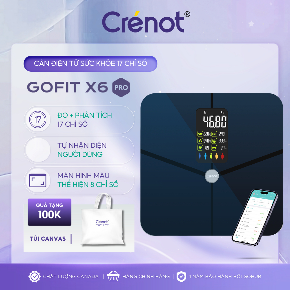 Cân điện tử sức khoẻ thông minh cao cấp Crenot Gofit X6 Pro đo 17 chỉ ...