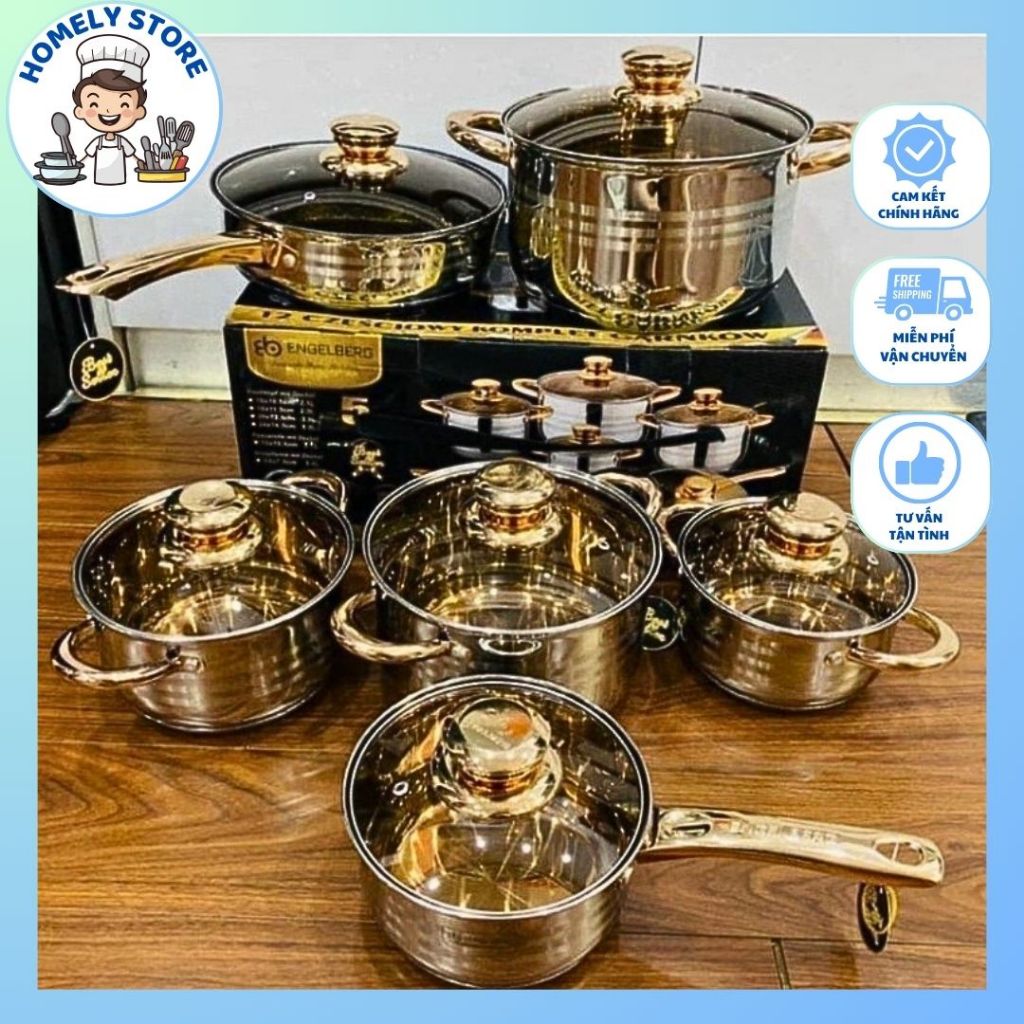 Bộ nồi chảo Đức 6 món vung kín chống dính, Bộ nồi inox 12 chi tiết đáy ...
