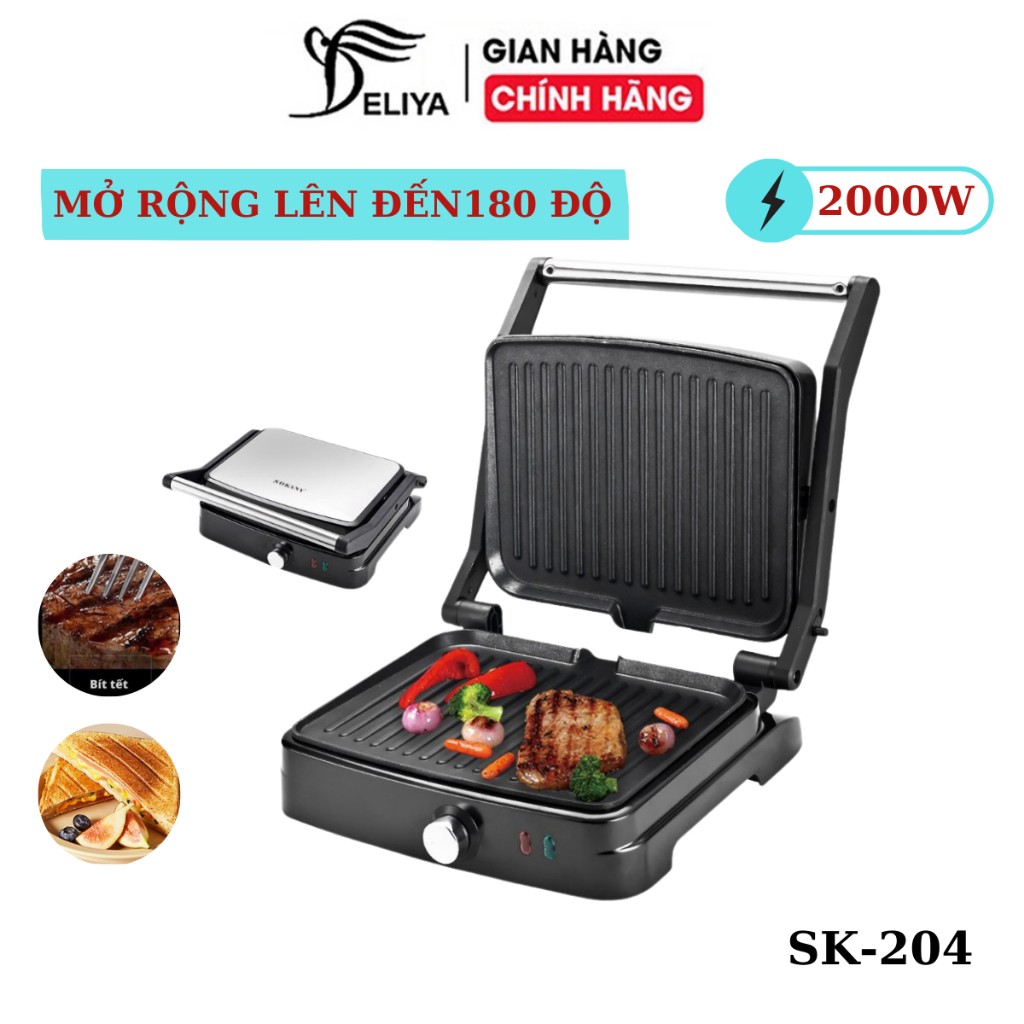 Máy kẹp nướng đa năng công suất lớn 2000W 2 mặt chống dính nướng thực phẩm nhanh chóng SOKANY SK ...