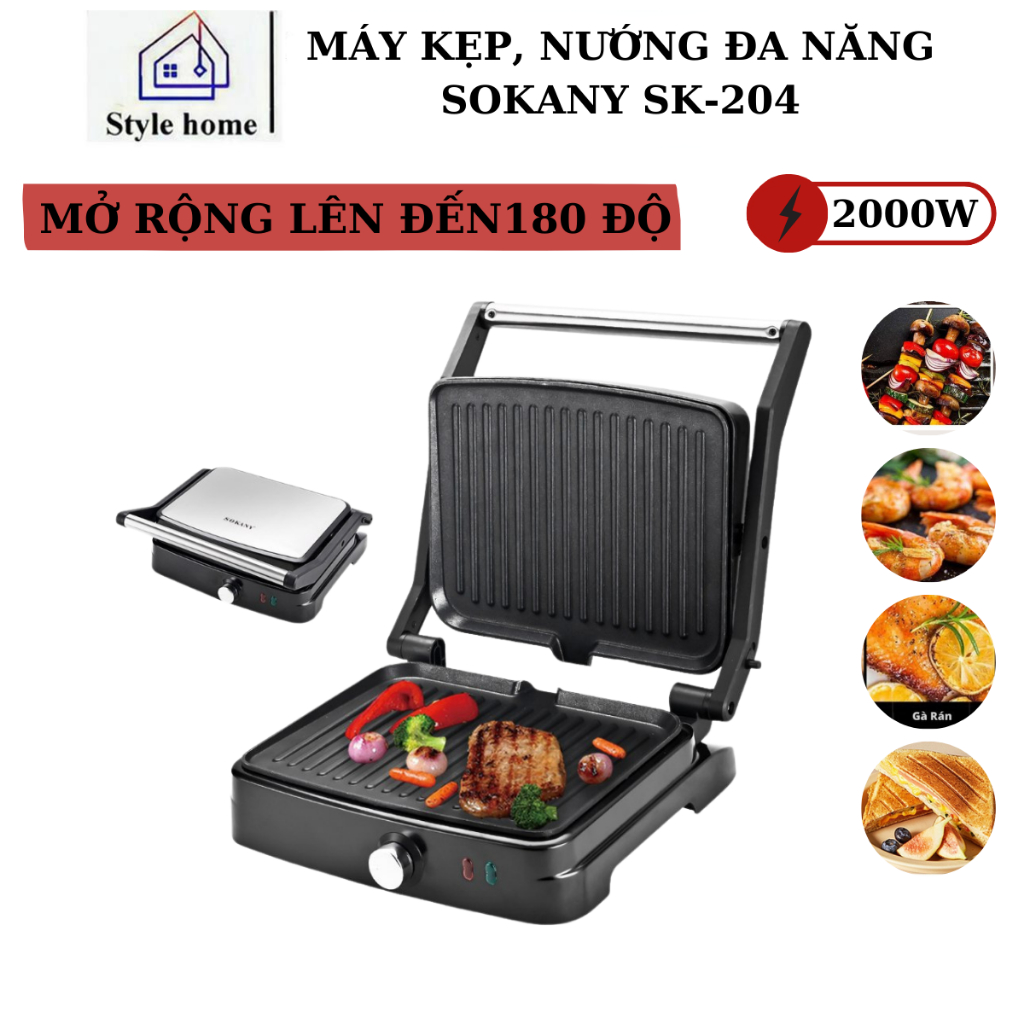Máy kẹp nướng đa năng công suất cao 2000W SOKANY SK-204 nướng bánh mì, thịt, hotdog nhanh chín ...