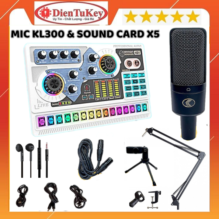 Bộ Mic Thu Âm Hát Sound Card X5 Autotune, Micro Condenser KL300 chuyên thu âm, livestream ...