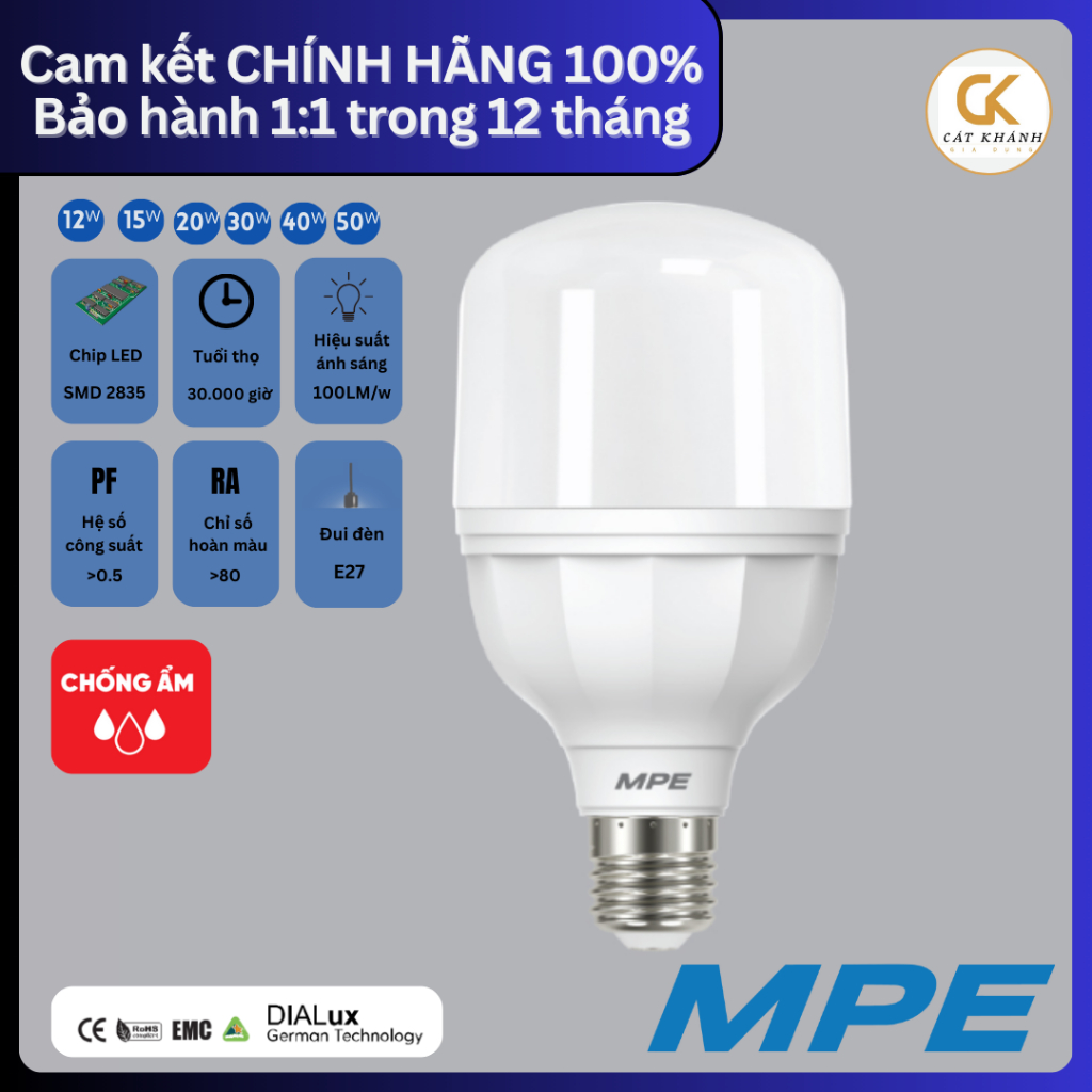 Đèn LED buld búp trụ MPE LBD2 12w/15w/20w/30w/40w/50w trắng (Bảo hành 1:1 trong 12 tháng ...