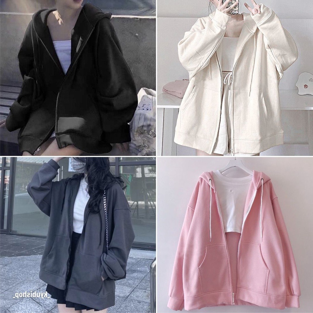 Áo Khoác hoodie dáng trơn form rộng - Áo khoác nỉ khóa mũ 2 lớp bacis ...