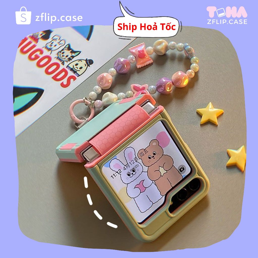 [Sẵn] Ốp lưng Samsung ZFlip 5/Z FLip 6 viền silicon hồng kèm dây ngọc ...