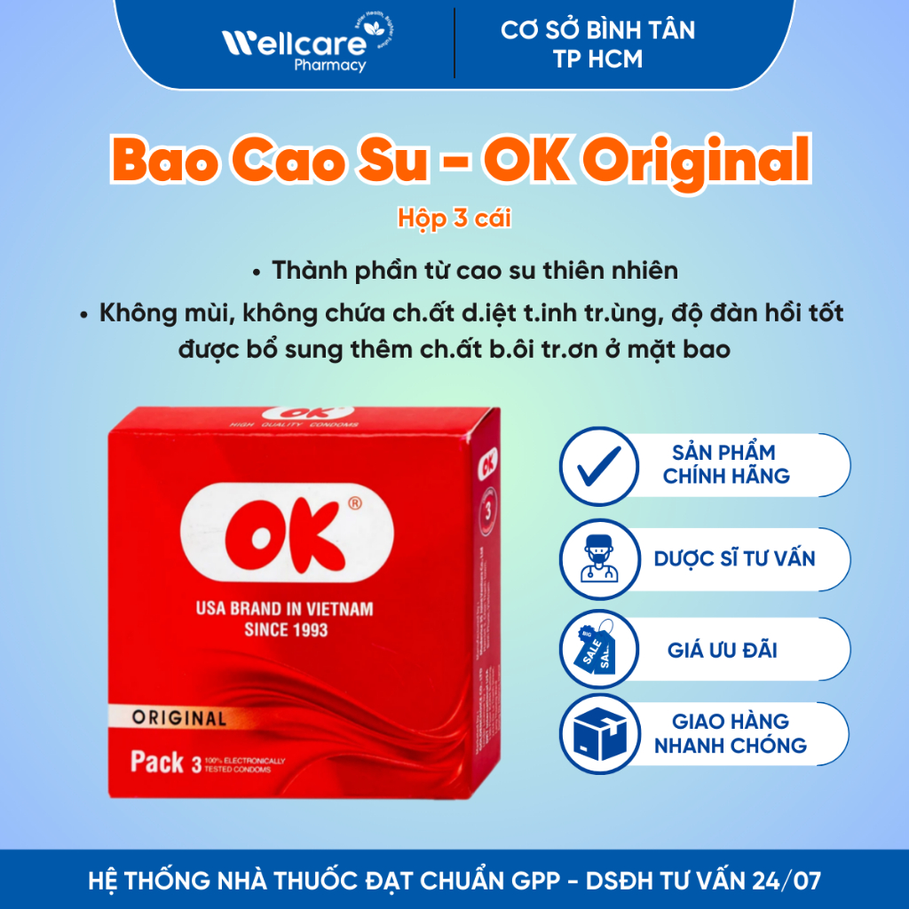 Bao cao su OK Original [Chính hãng] - Hộp 3 cái không mùi, ôm sát, siêu ...