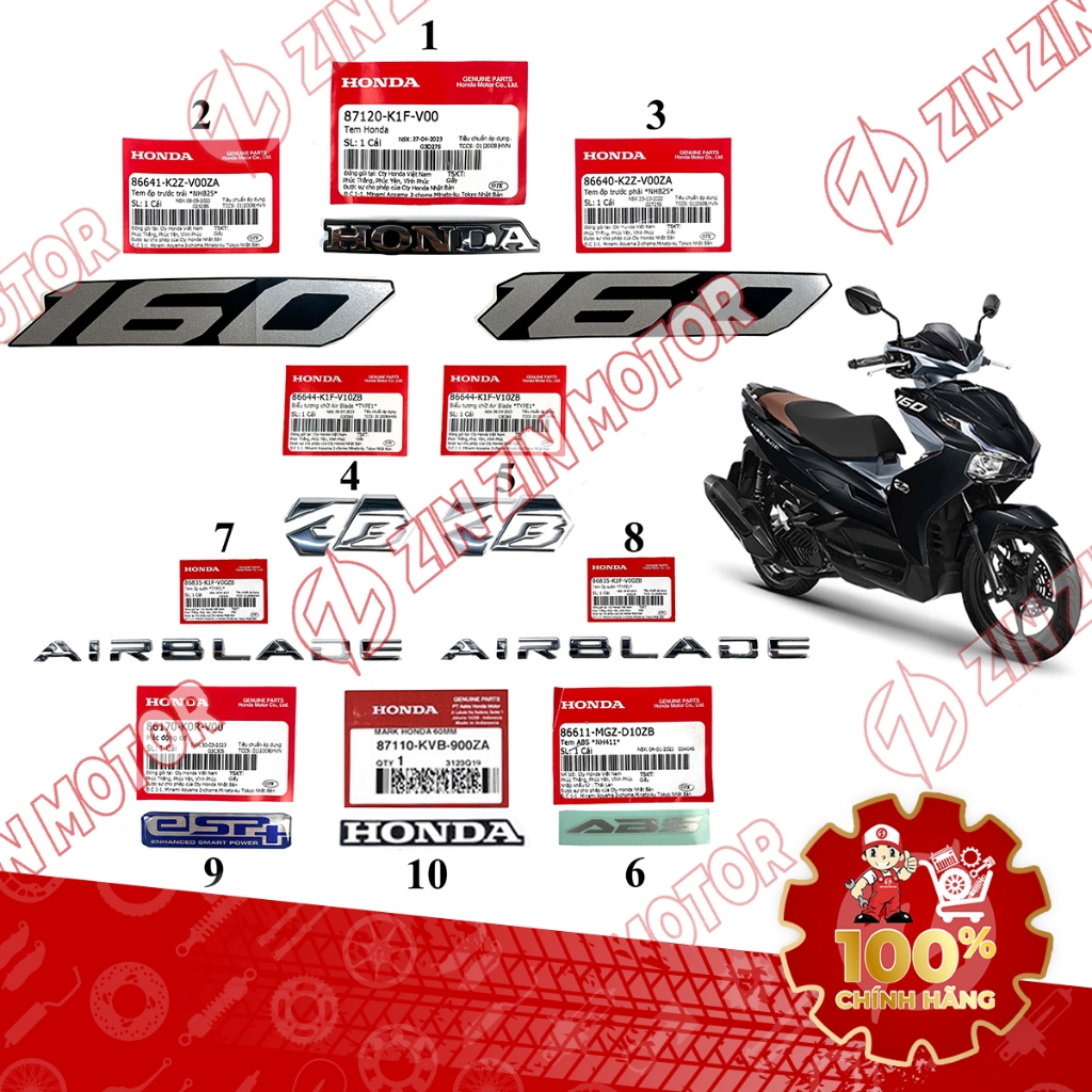 Tem AB 2022 Zin, Tem Rời Xe AirBlade 160 2022 Đen Xám Phiên Bản Tiêu ...