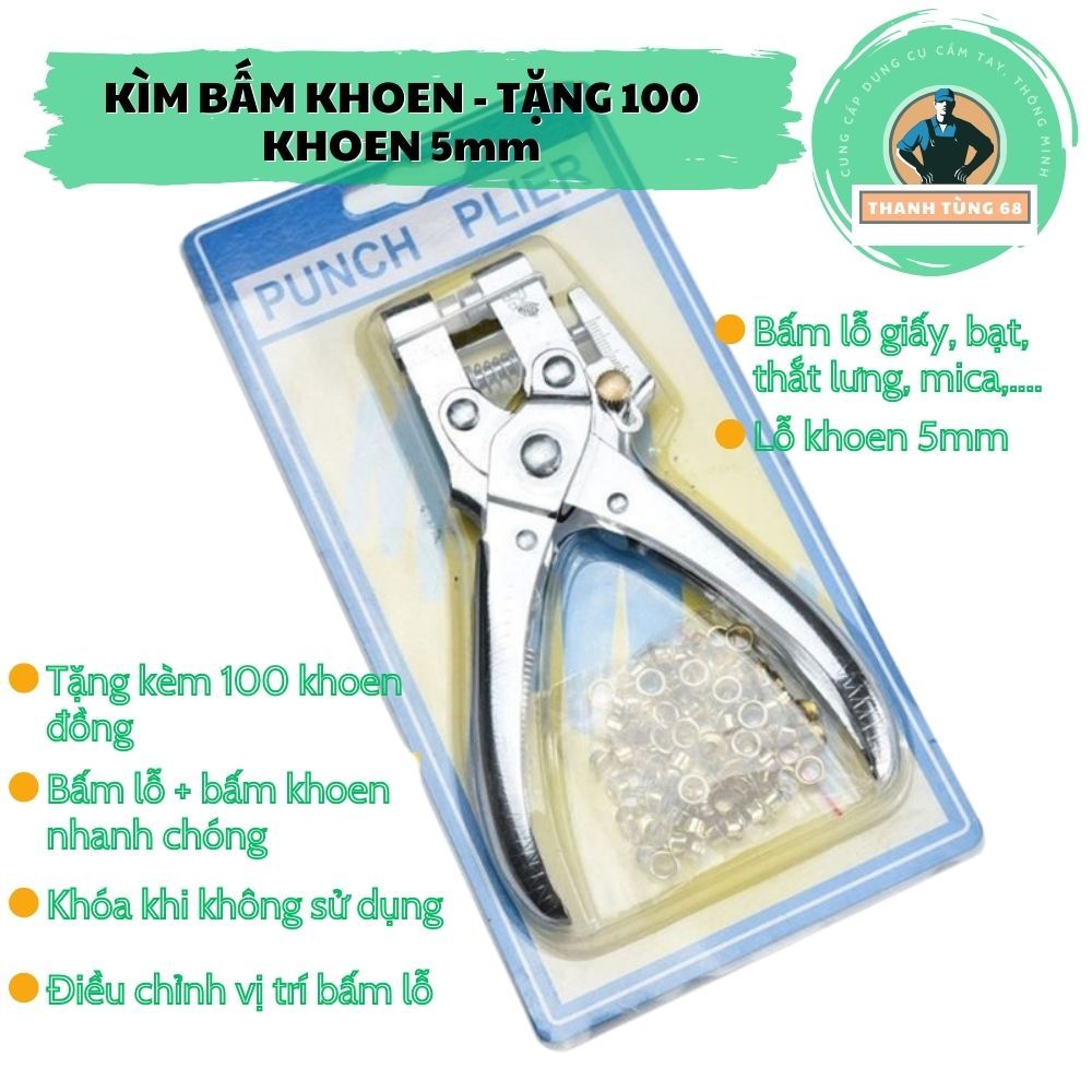 Kìm Bấm Lỗ giấy, thắt lưng lỗ khoen 5mm (không bấm lỗ trên vải) - tặng kèm 100 khoen lỗ 5mm ...