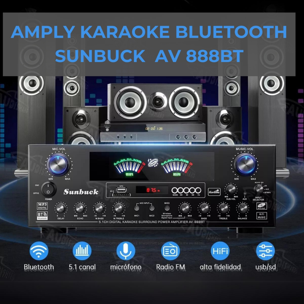 Ampli bluetooth karaoke Sunbuck AV-888BT- Bộ khuếch đại công suất 600W, hỗ trợ kết nối loa sub ...