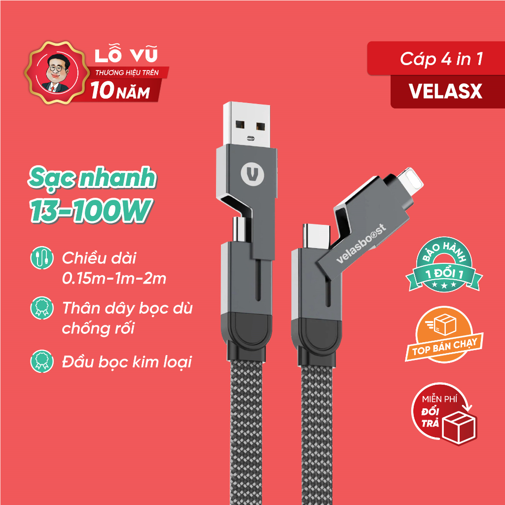 Dây sạc Cáp sạc đa năng VelasX 4 in 1, sạc nhanh 13W-100W Velasboost ...