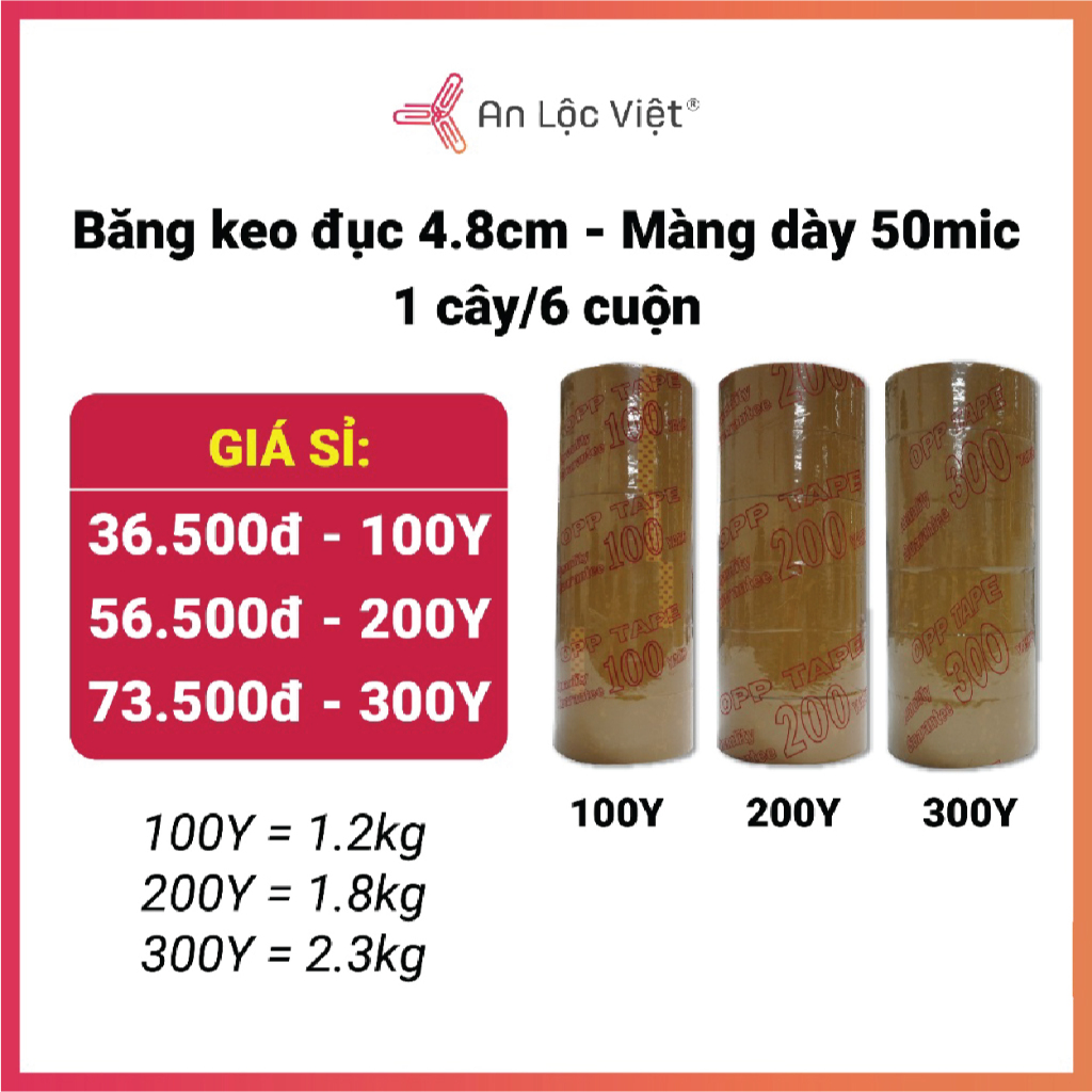 Cây 6 cuộn Băng Keo Dán Thùng Vàng Đục / Trong 4.8cm 300y 2,3kg/1cây - 200y 1,8kg/1cây - 100y 1 ...