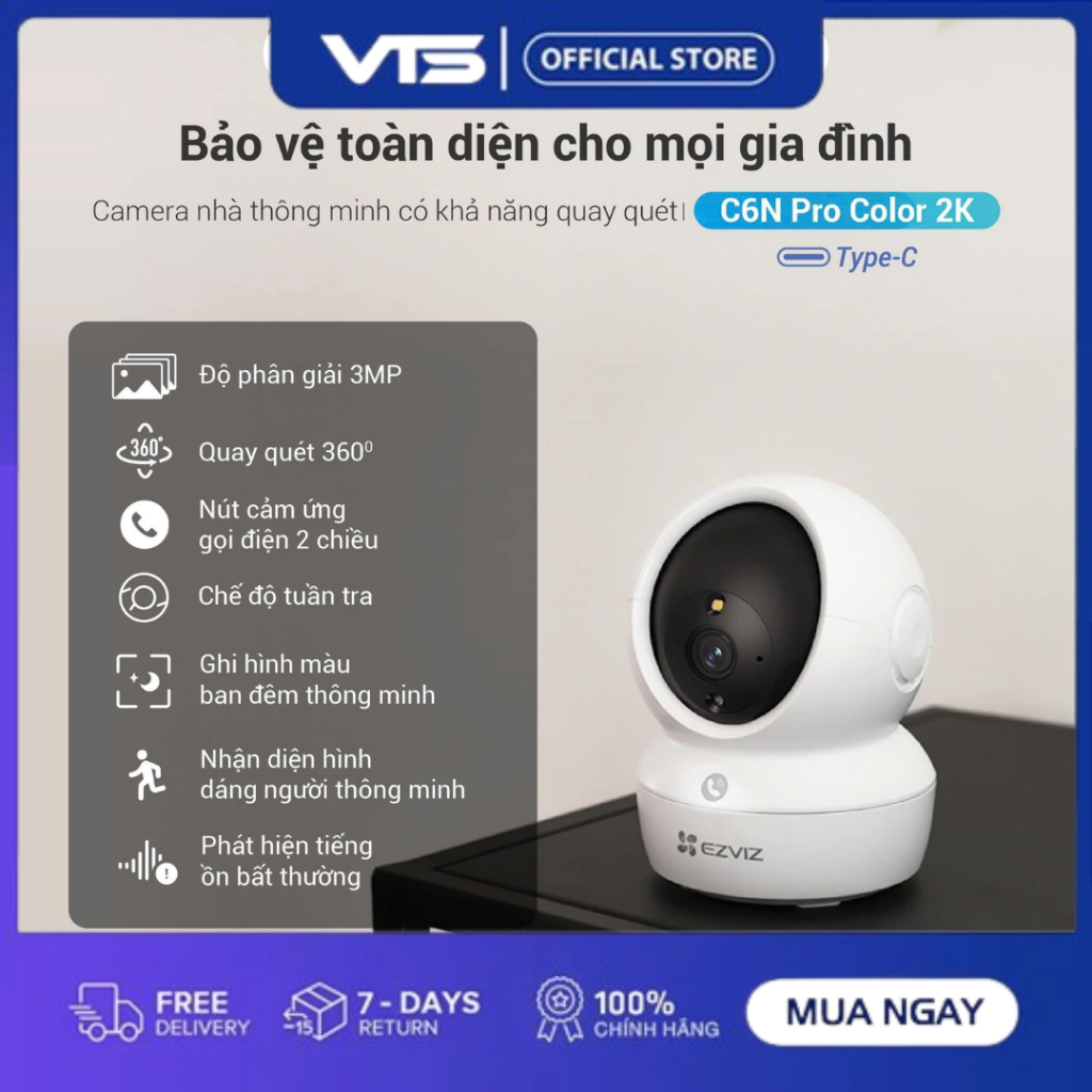 Camera Wifi EZVIZ C6N G1 5MP/ C6N PRO 3MP/ C6N 2MP, Xoay 360 Độ, Đàm Thoại 2 Chiều, Theo Dõi ...