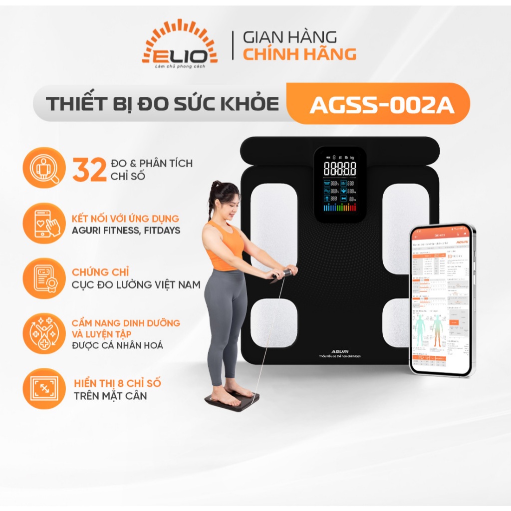 Cân Điện Tử Sức Khỏe Cao Cấp AGURI AGSS-002A phân tích 32 chỉ số cơ thể ...