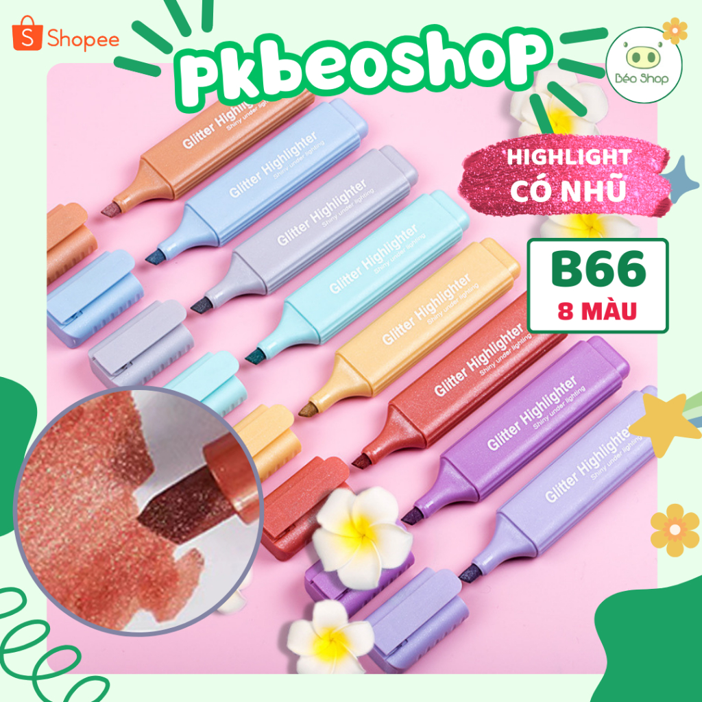 Bút đánh dấu có ánh nhũ highlight Pkbeoshop bút dạ quang 8 màu Glitter Marker note ghi chú tô vẽ ...