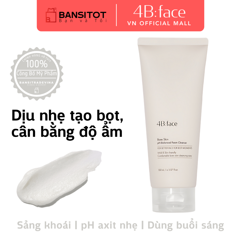 Sữa rửa mặt dịu nhẹ tạo bọt 4B:Face Bare Skin pH-Balanced Foam Cleanser 150ml 4bface | Shopee ...
