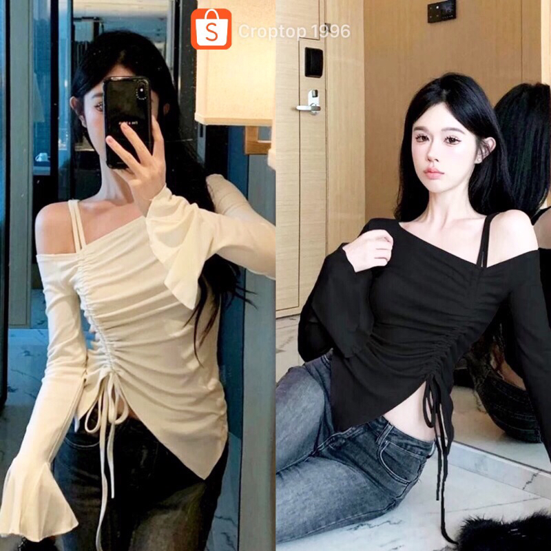 BIGSIZE CHUPPY - Áo kiểu lệch vai dài tay ống loe dây rút sang chảnh A274 | Shopee Việt Nam