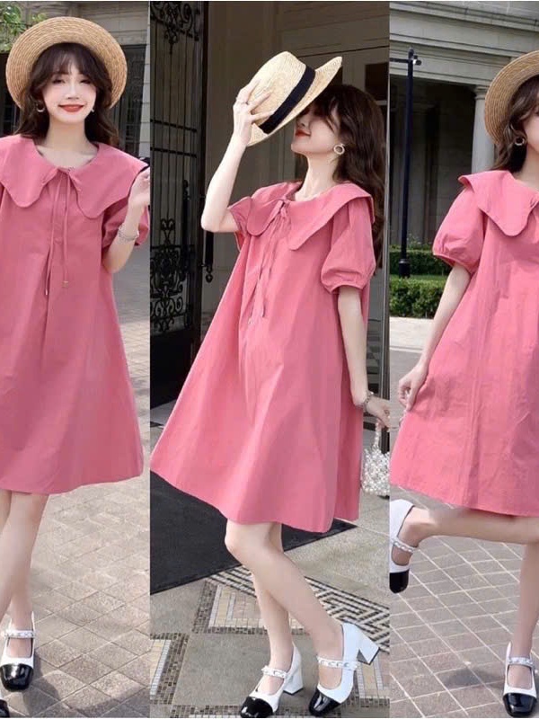 Váy bầu cộc tay babydoll tay ngắn phồng cổ sen tiểu thư B073, đầm bầu ...