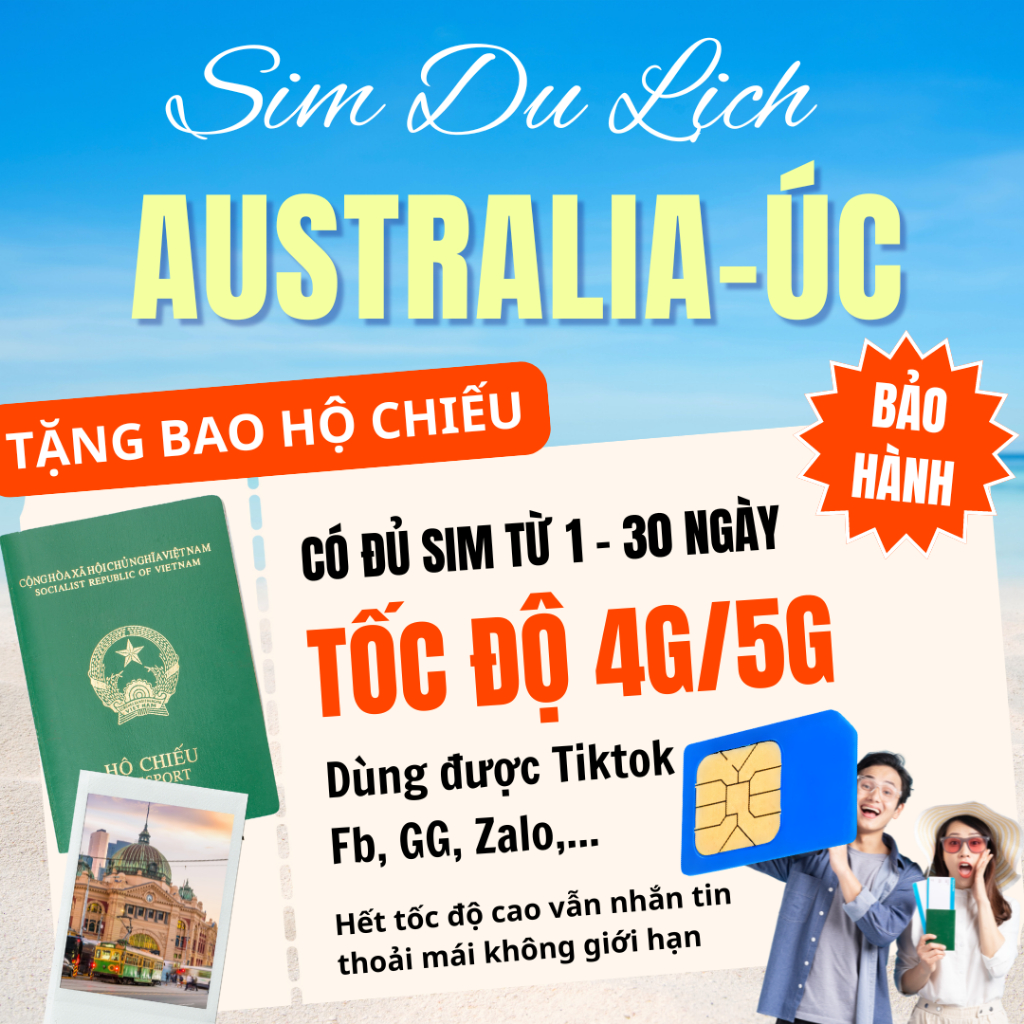 [TẶNG BAO HỘ CHIẾU] Sim du lịch Úc Australia, Mạng Internet Data 4G/5G Tốc độ cao, 3G không giới ...
