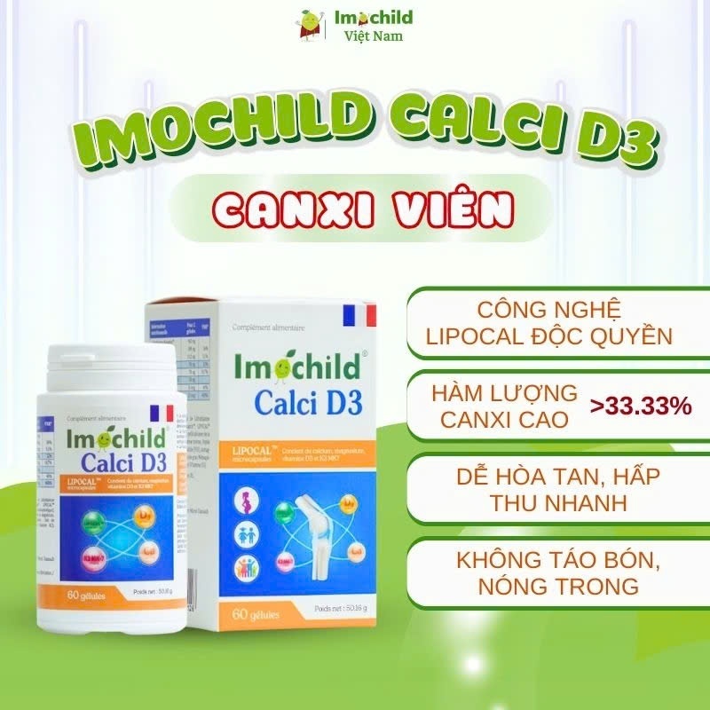 imochild Calci D3, Canxi sinh học dạng viên cho trẻ từ 6 tuổi ,Canxi cho bà bầu Hộp 60 viên ...