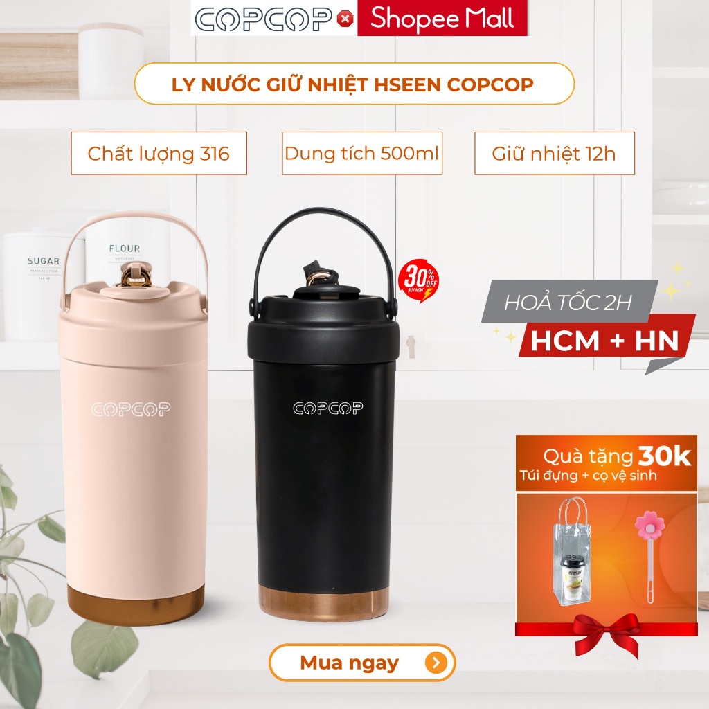Ly giữ nhiệt Hseen COPCOP, inox 316 cao cấp 500ml thoải mái đựng được các loại nước,tặng kèm ống ...