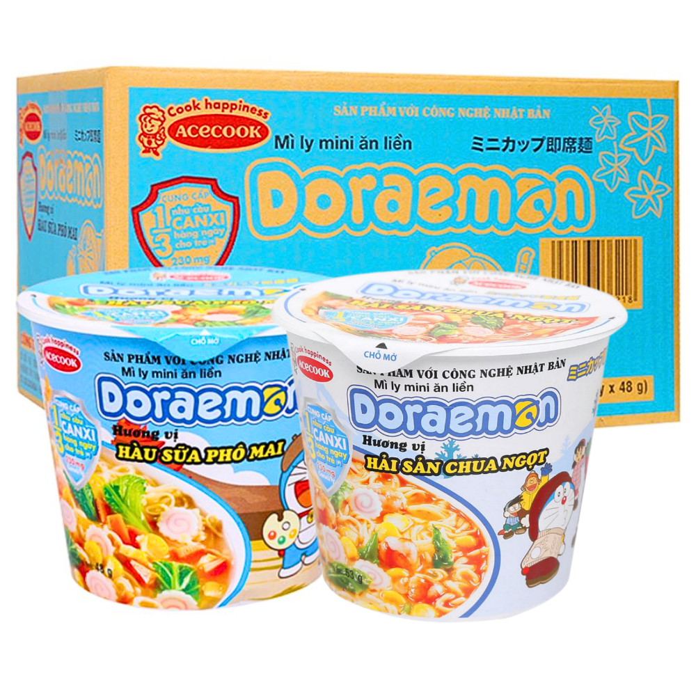 [Thùng 12 ly] Mì ly mini Doraemon hàu sữa phô mai 48g/hải sản chua ngọt ...