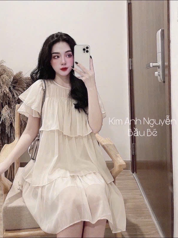 Váy bầu mùa hè thiết kế 3 tầng chất liệu voan tơ 2 lớp mềm mát, đầm bầu ...