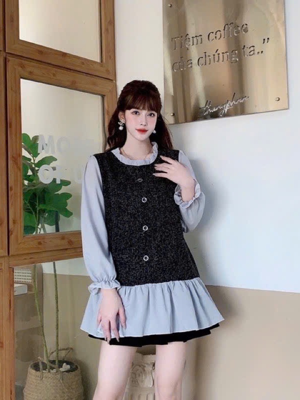 Áo bầu thiết kế phối sơ mi 2 màu đen xám | Shopee Việt Nam