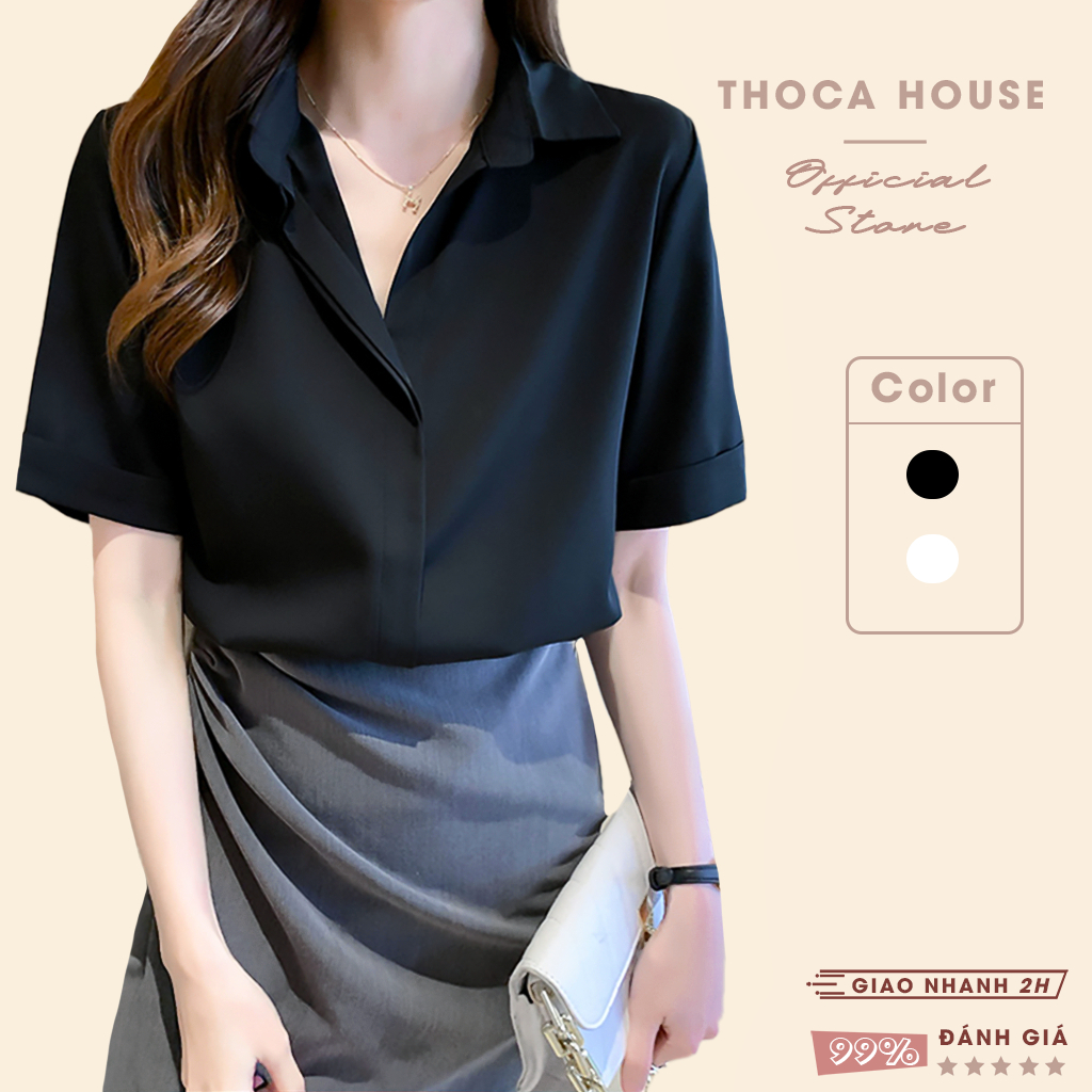 Áo sơ mi tay ngắn trơn đen, trắng lụa chéo giấu nút THOCA HOUSE kiểu săn tay thanh lịch, công sở ...