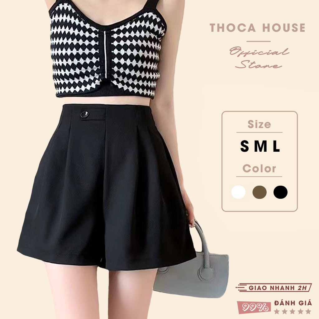 Quần short tây nữ lưng thun nút lệch trơn màu THOCA HOUSE quần đùi basic dễ phối năng động trẻ ...