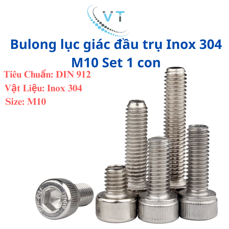 Bulong Lục Giác chìm đầu trụ Inox 304 M10 có độ dài 20mm - 150mm (túi 1 ...