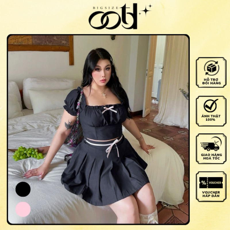 OOTD BIGSIZE | Set bộ bigsize áo croptop tay bồng chân váy xếp li viền ...