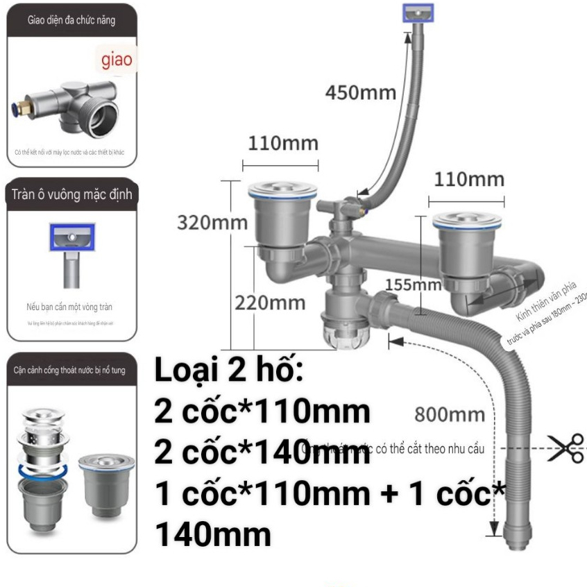 Bộ Xiphong Thoát Nước 2 Hố ( 1 Hố ), Chống Tắc, Ngăn Mùi, Thông Minh ...