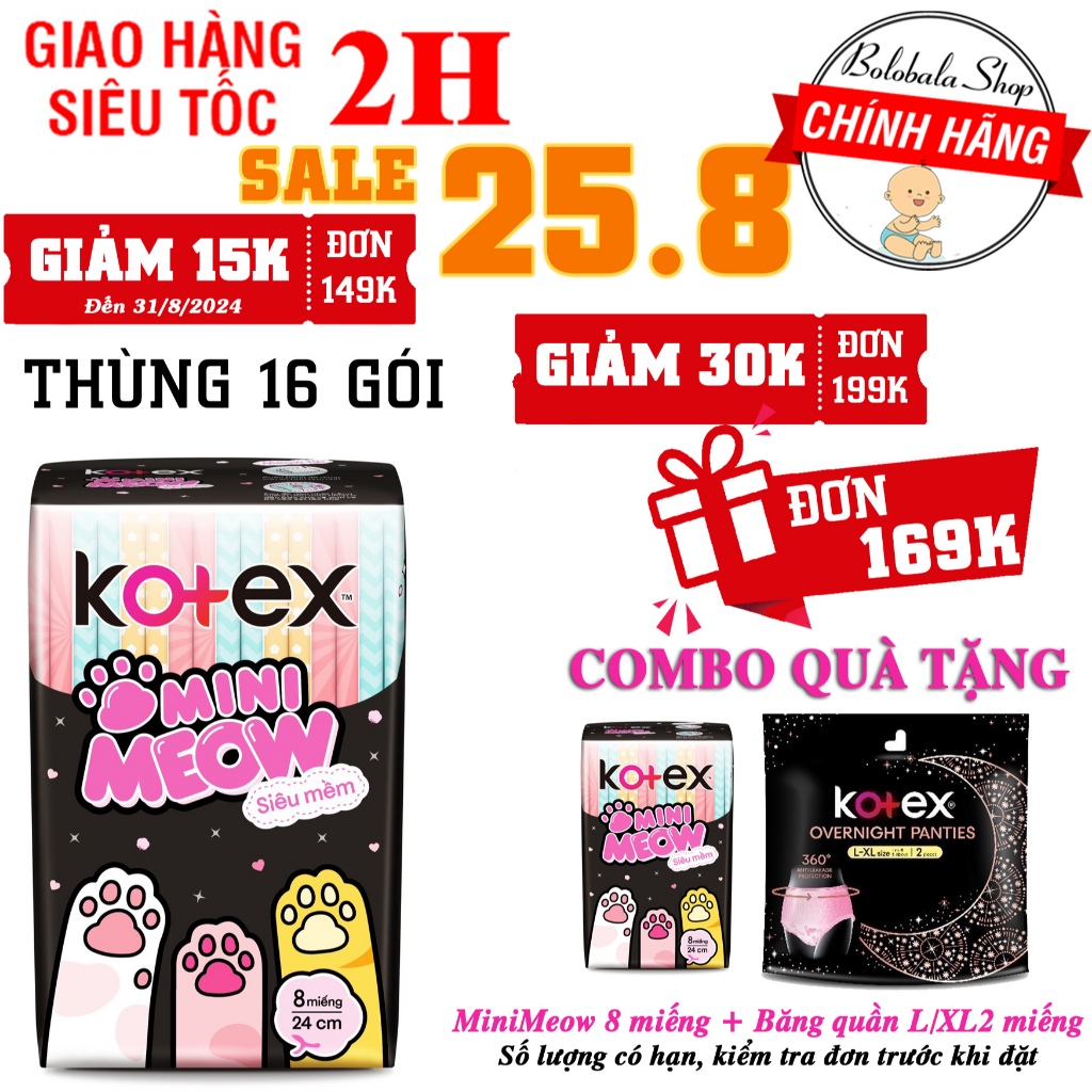 Thùng 16 Gói Băng vệ sinh Kotex Mini Meow siêu mỏng cánh 24cm (Gói 8 ...