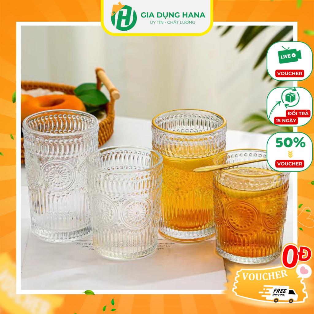 Cốc Thủy Tinh Hana Mẫu Mới Viền Vàng Cao Cấp Họa Tiết Mặt Trời Chịu Nhiệt Tốt 385ML MC20 ...