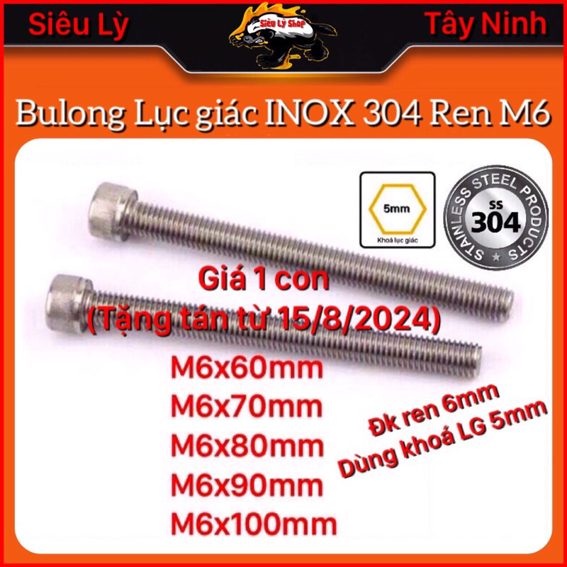 Bulong lục giác INOX 304 - Đầu trụ size M6(Đk ren 6mm, dùng khoá LG 5mm ...