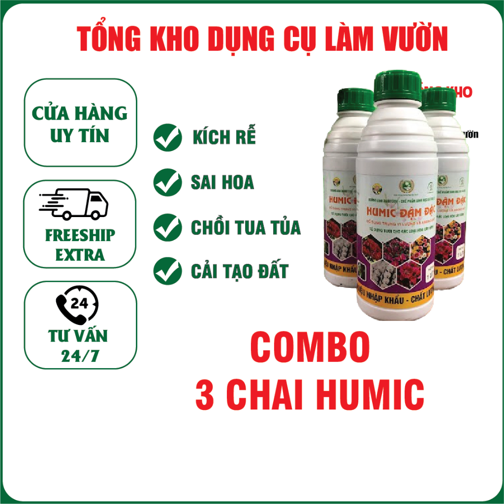 Combo 3 chai HUMIC ĐẬM ĐẶC Chai 1 Lít - Kích Rễ, Sai Hoa, Chồi Tua Tủa ...
