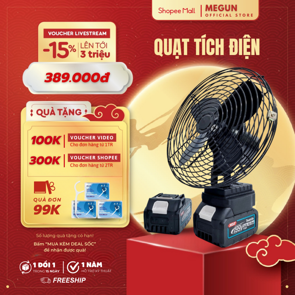 Quạt Tích Điện MEGUN Pin 10 Cell Dùng Liên Tục 8H 2 Cấp Độ Gió Siêu Mát ...