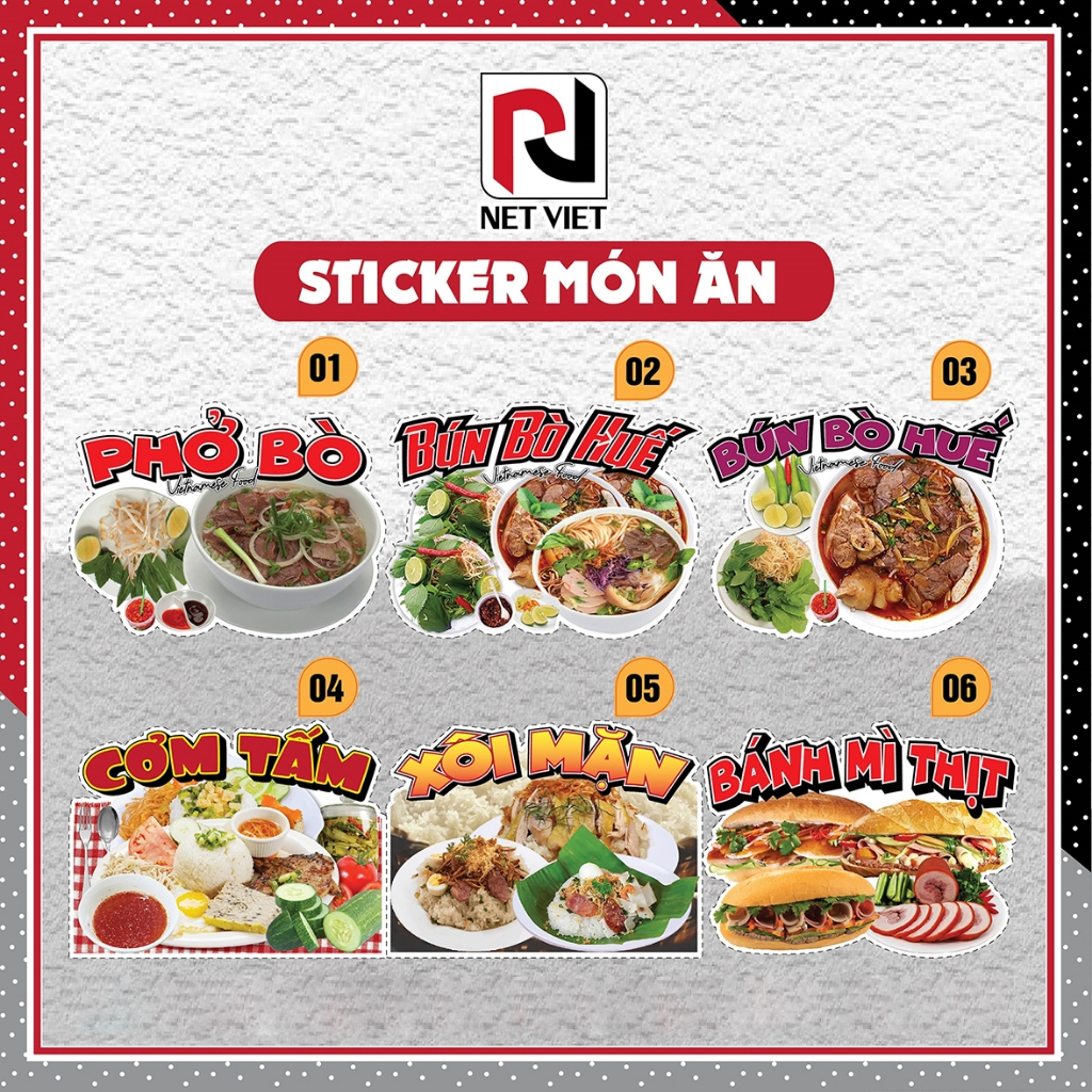 Sticker Bánh mì, bún bò huế, cơm tấm, xôi mặn Khổ 24x32cm chống nước ...