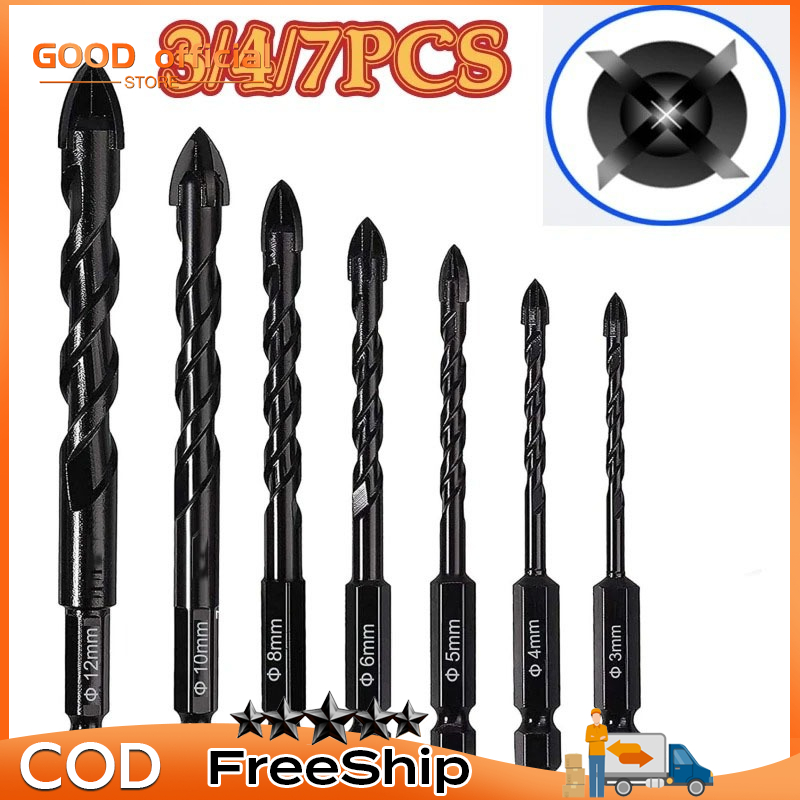 【🌞BH 6 tháng】Bộ 7 mũi khoan chéo 4 cạnh 3-12mm cho gạch bê tông, bộ mũi khoan kim loại thủy tinh ...