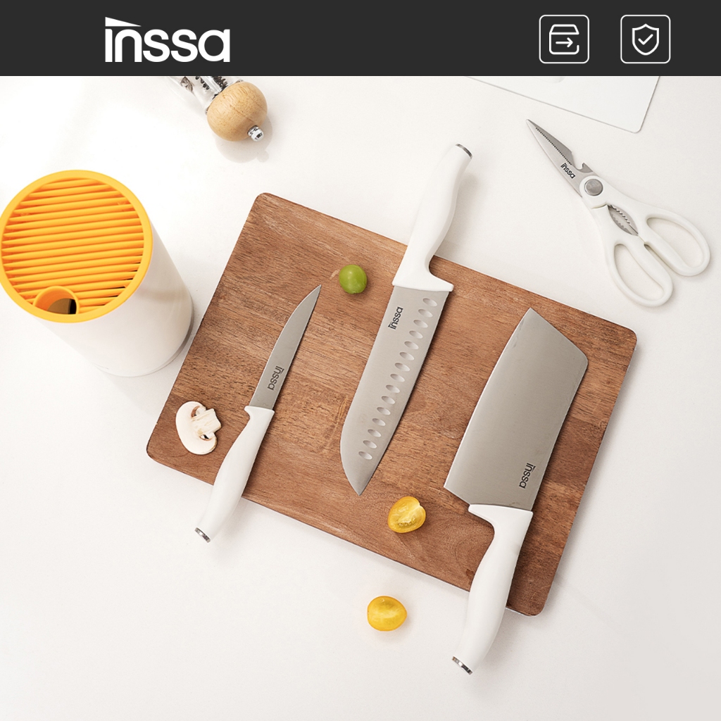 Bộ dao INSSA, bộ 5 dao, dao bằng thép không gỉ, kèm giá dao, dao thái thịt, dao cắt rau củ quả ...