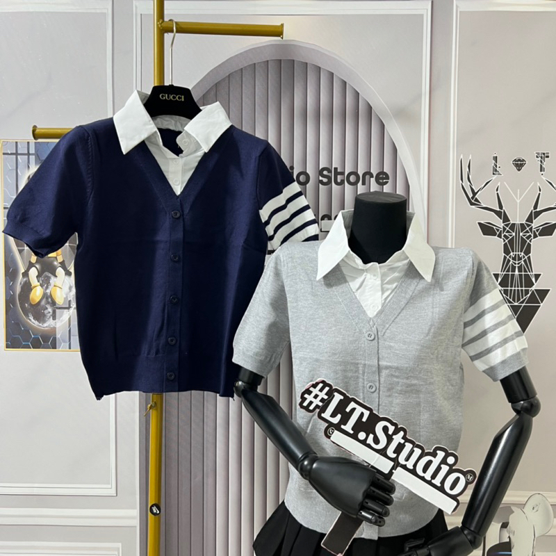 Áo len cộc tay 3 sọc cadigan mix cổ sơ mi kiểu cá tính, chất len ...