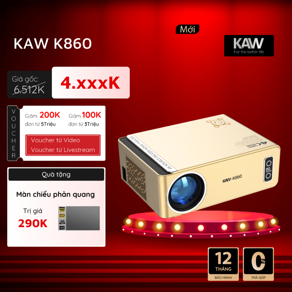 Máy chiếu phim SWI/Kaw K860 - Độ sáng 13200 Lumens, Hỗ Trợ Hình Ảnh 4K, Màn Hình 200Inch, Bảo ...